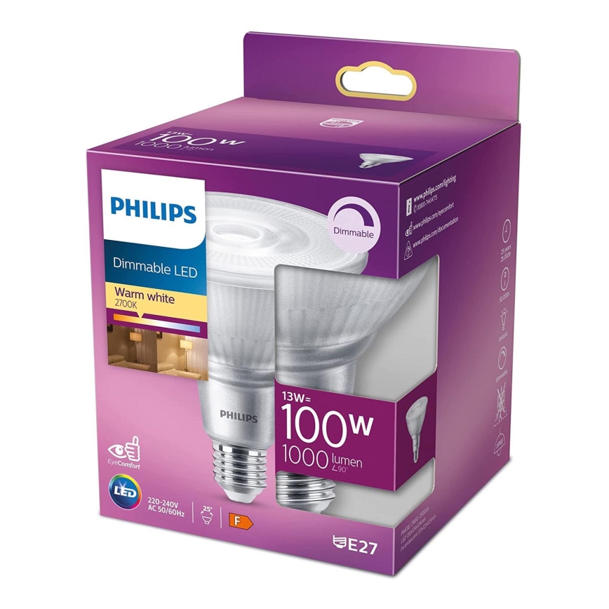 Ściemniane światło punktowe LED żarówka Philips E27/13W/230V 2700K